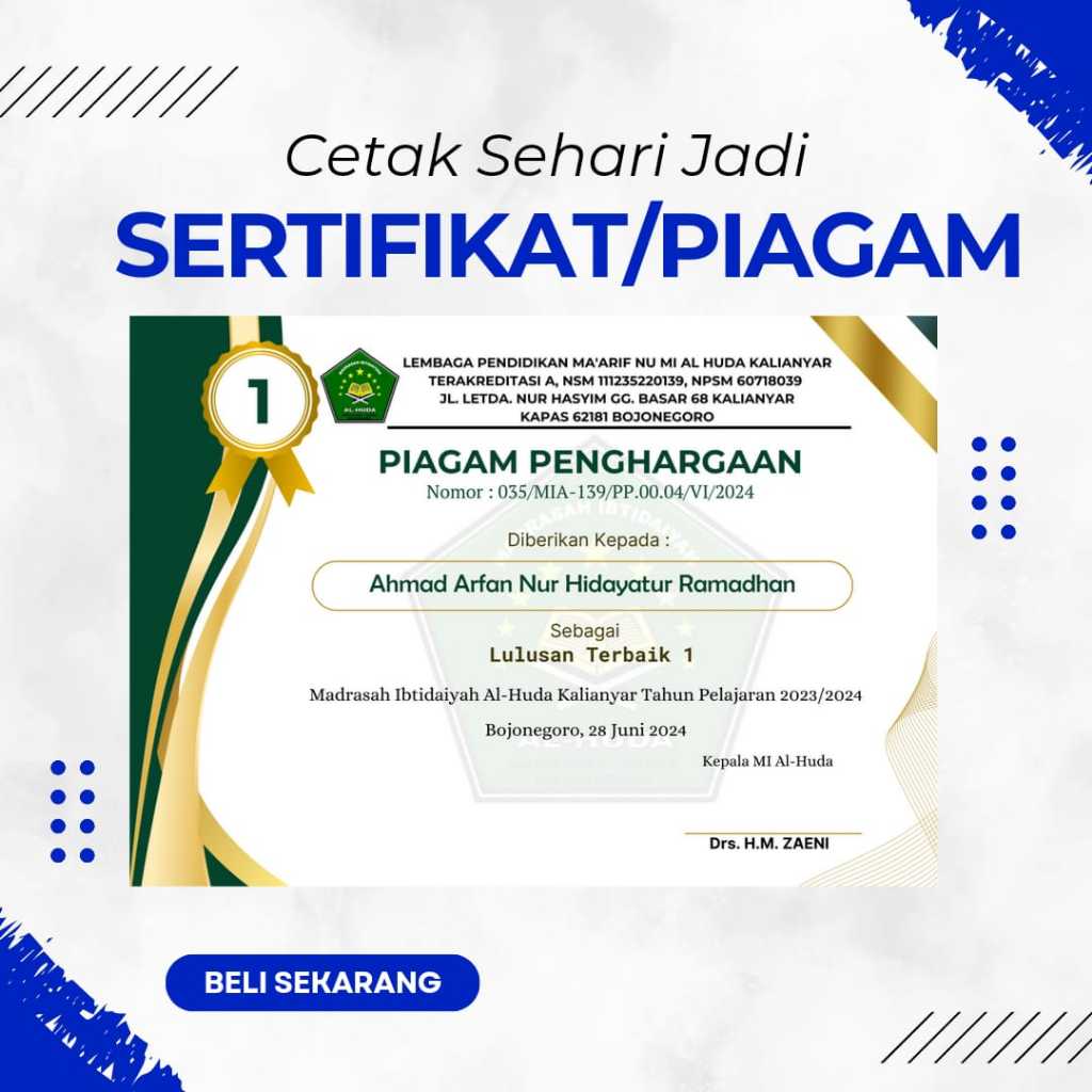 Jual Cetak Sertifikat Piagam Murah A4 Print Sertifikat | Piagam Custome ...