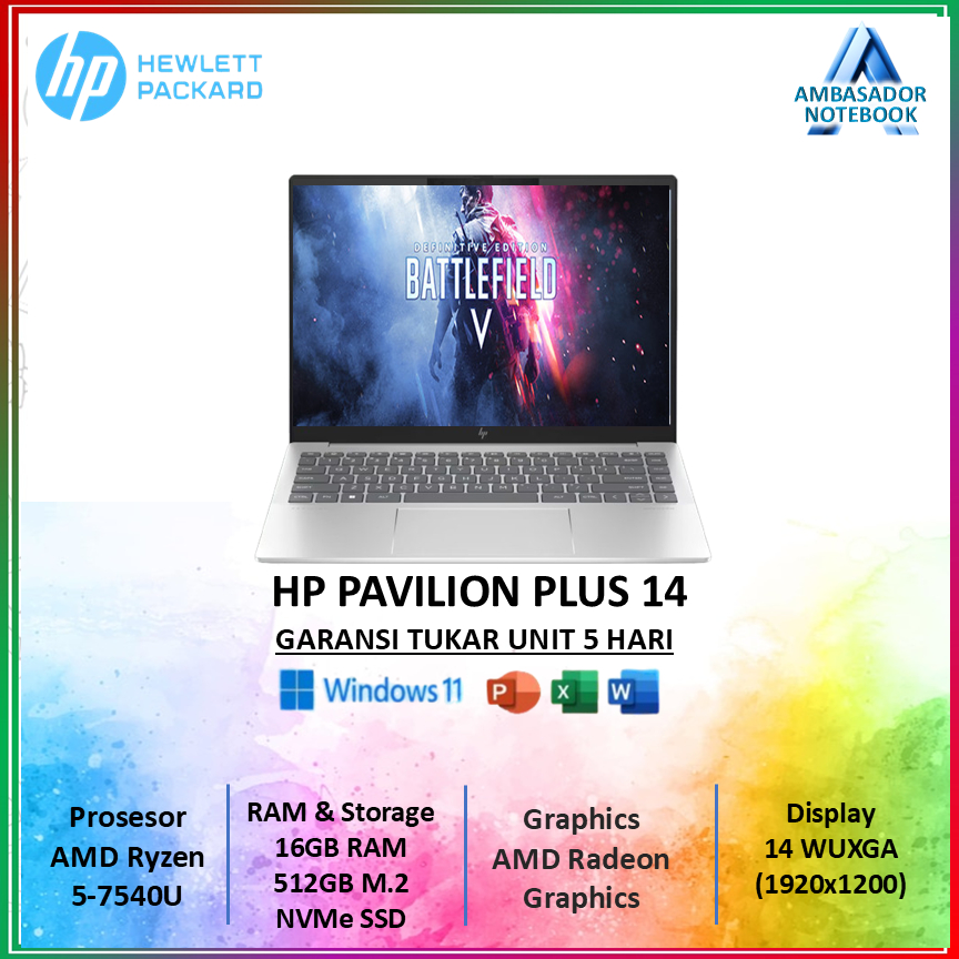 Jual Hp Pavilion Plus 14 RYZEN 5 7540 16GB 512GB W11+OHS 14.0WUXGA BLIT ...