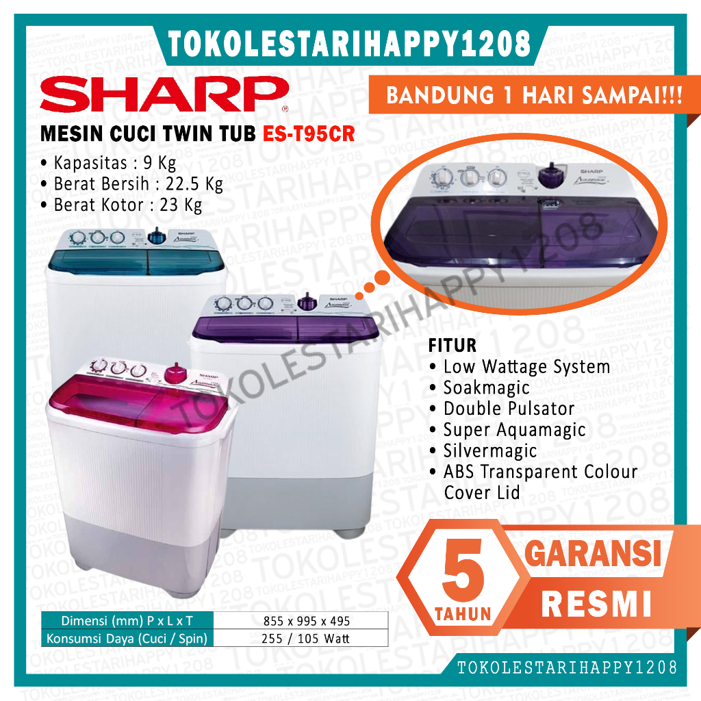 Jual mesin cuci 2 tabung sharp tipe es-t95cr 9kg murah garansi resmi | Shopee Indonesia