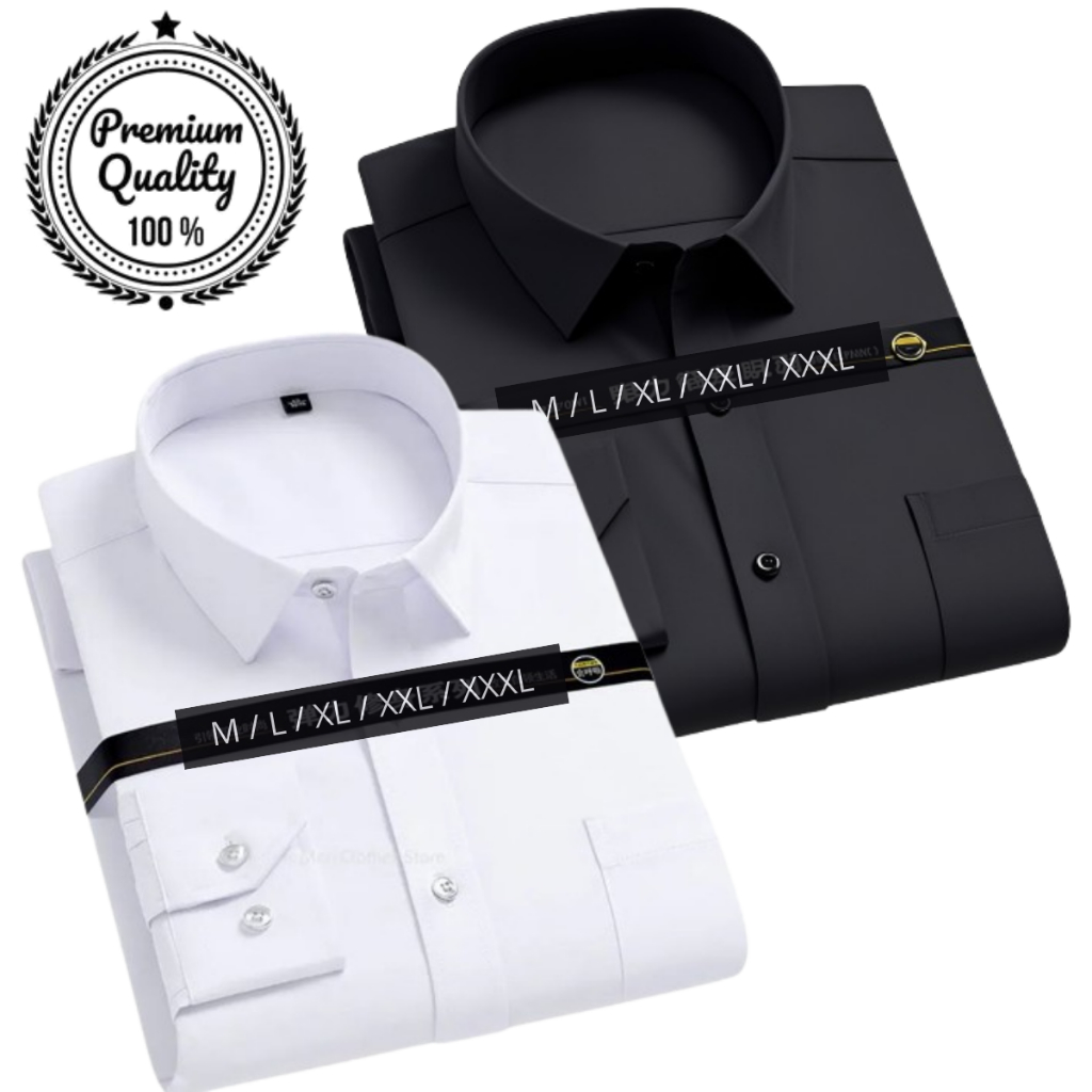 Jual Kemeja Putih Premium Pria Lengan Panjang Hitam Polos Slimfit ...