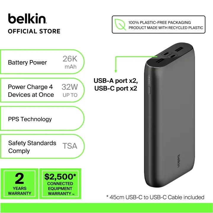 Jual Belkin BPB016btBK BoostCharge 32W PD PPS 4-Port Power Bank 26K ...