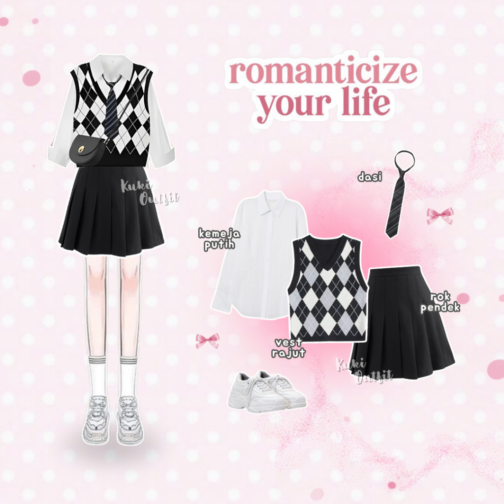 Jual Kuki Outfit - Oneset 4in1 (Kemeja, Dasi, Vest, Rok) OOTD American ...