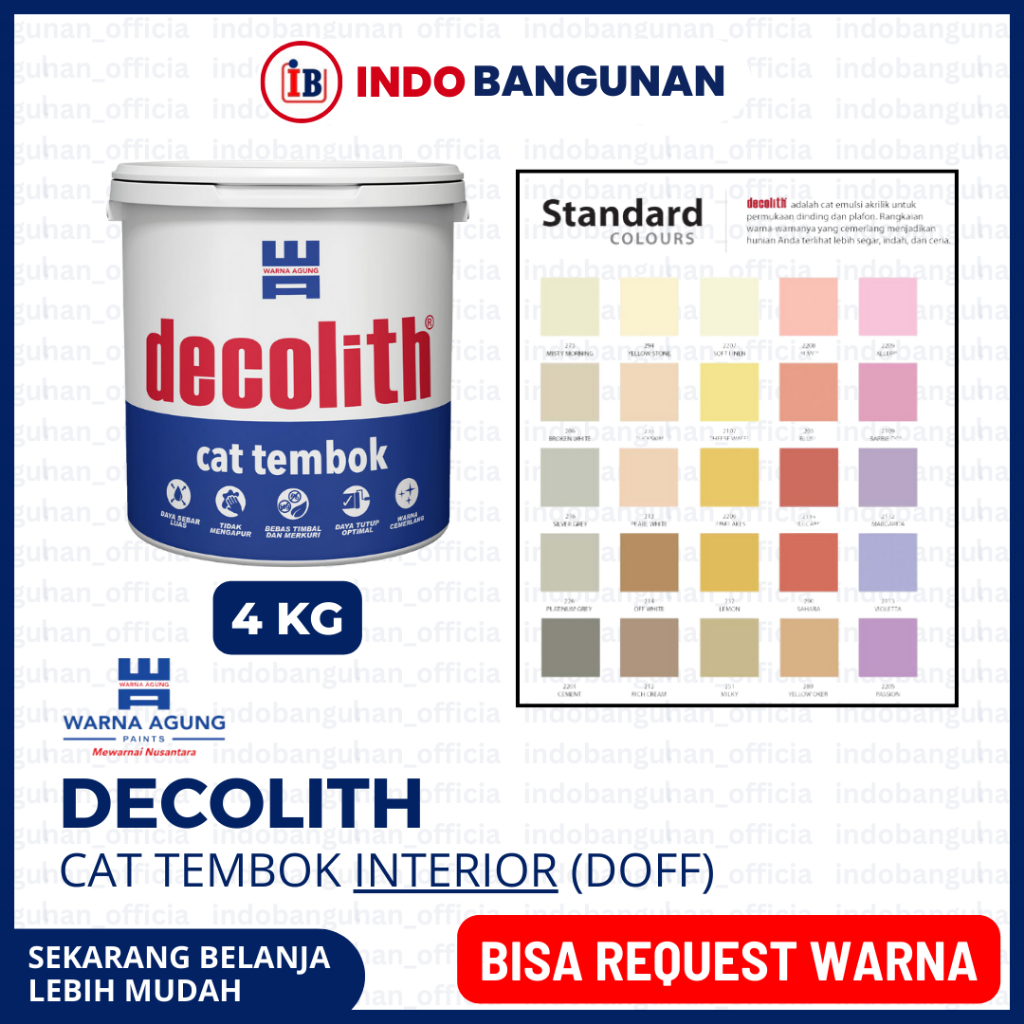 Jual CAT TEMBOK INTERIOR WARNA AGUNG DECOLITH 4KG / BISA REQUEST CUSTOM ...