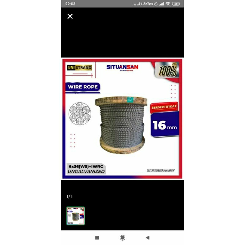 Jual wire rope kawat seling dia. 16 mm 6x36 ws iwrc ungalvanis ...