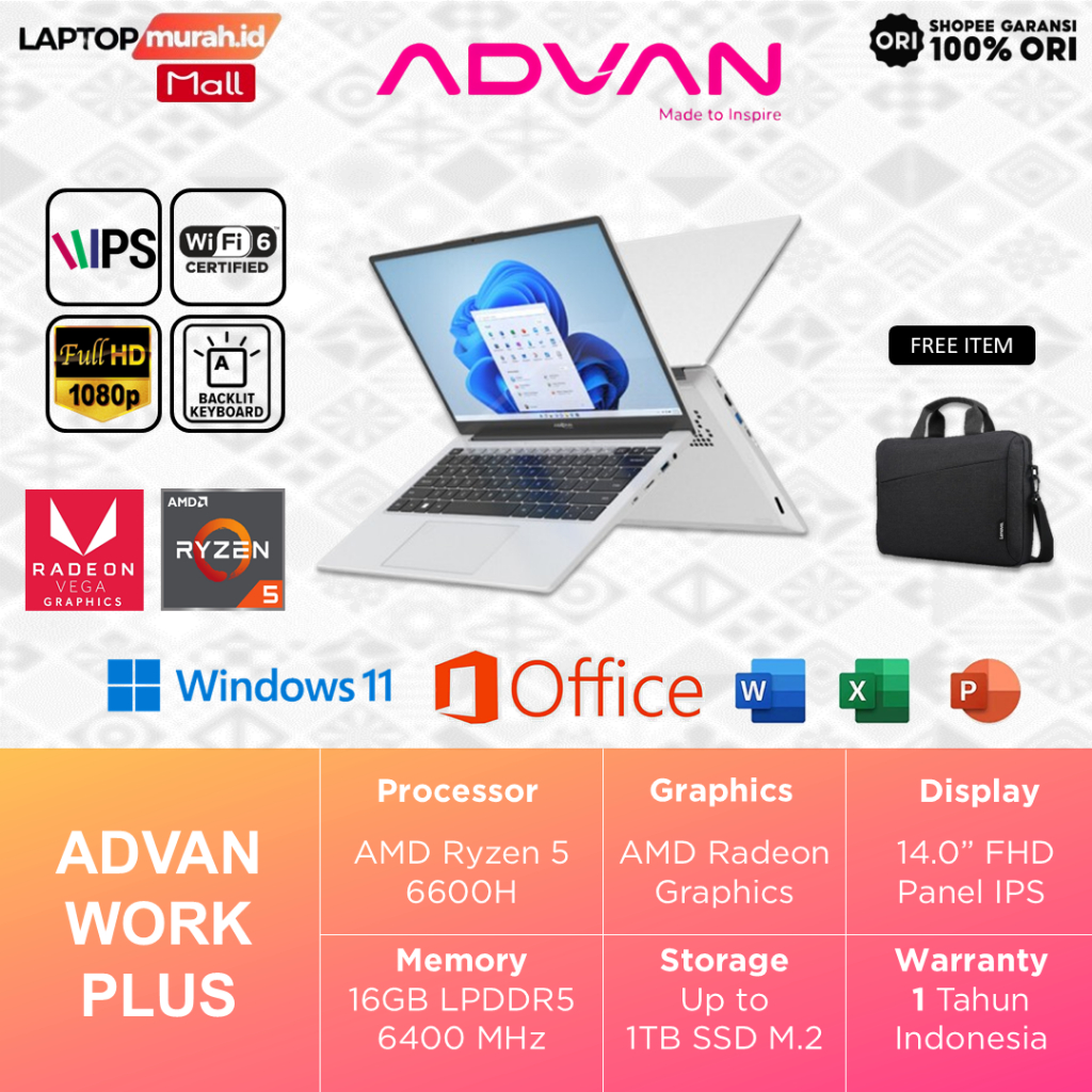Jual Laptop Advan Workplus Ryzen 5-6600H 16GB 1TB 14.0" Full HD Windows ...
