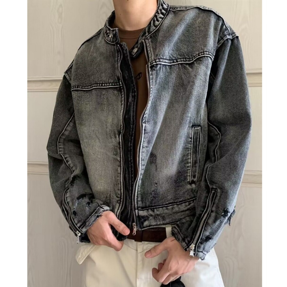 Jual Jaket jeans Denim Boxy Pria Cowok Abu Ziper/Resleting ...