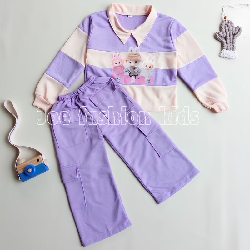 Jual Setelan baju dan celana model cargo motif salur anak perempuan ...