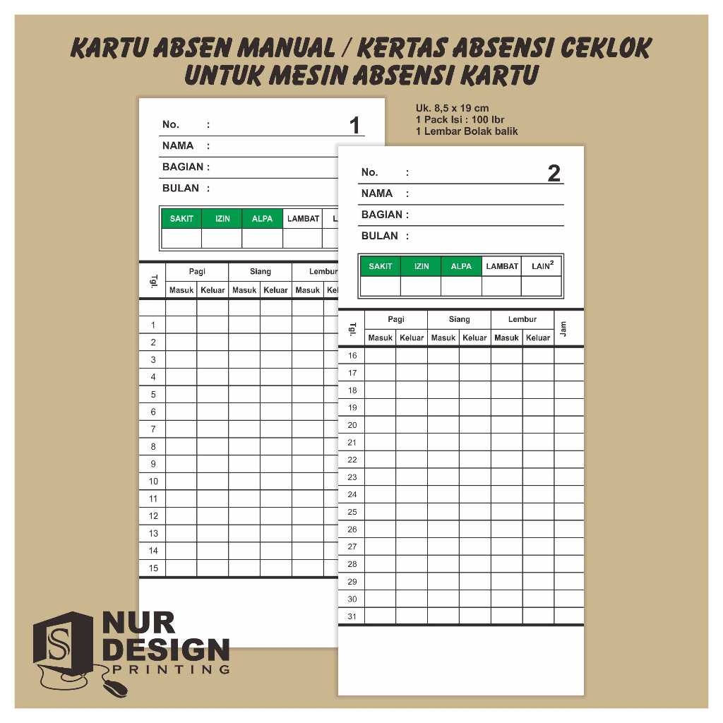 Jual (100 Lbr) Kartu Absen Karyawan Manual / Ceklok // Cetak Dua Sisi ...