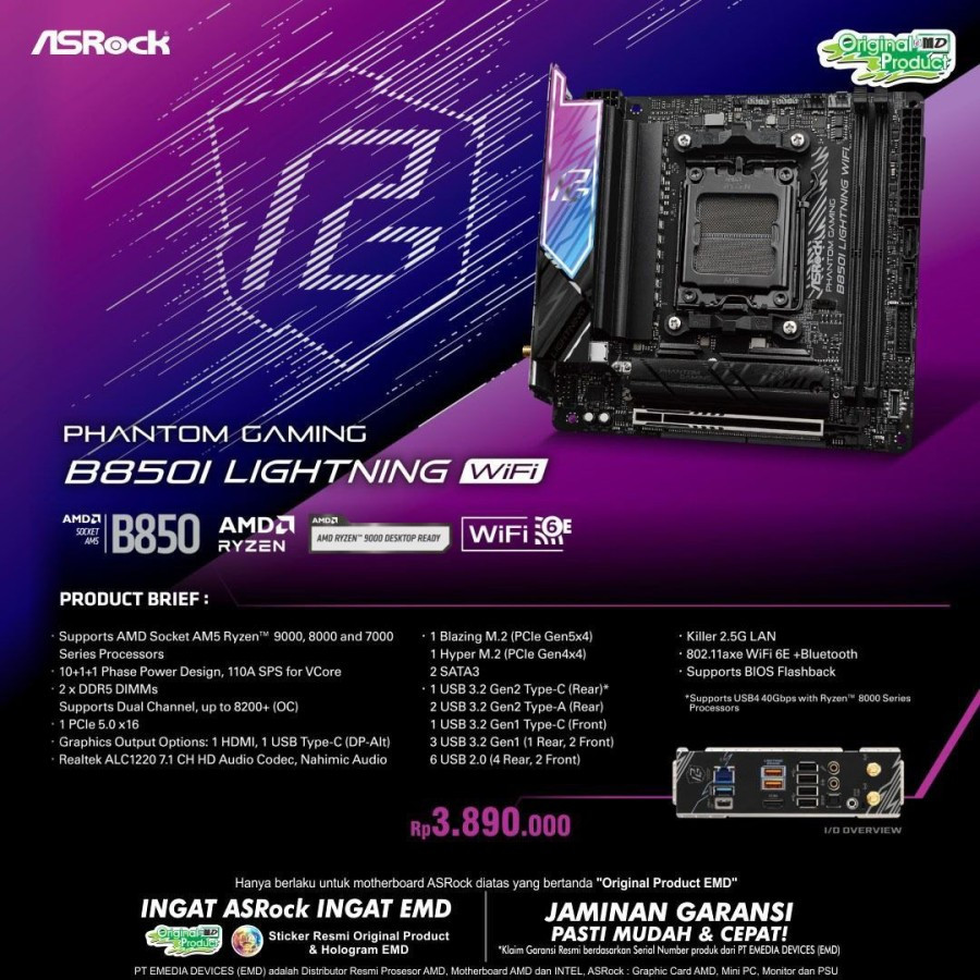 Jual Motherboard ASROCK B850I LIGHTNING WIFI (AMD, DDR5, AM5, B850 ...