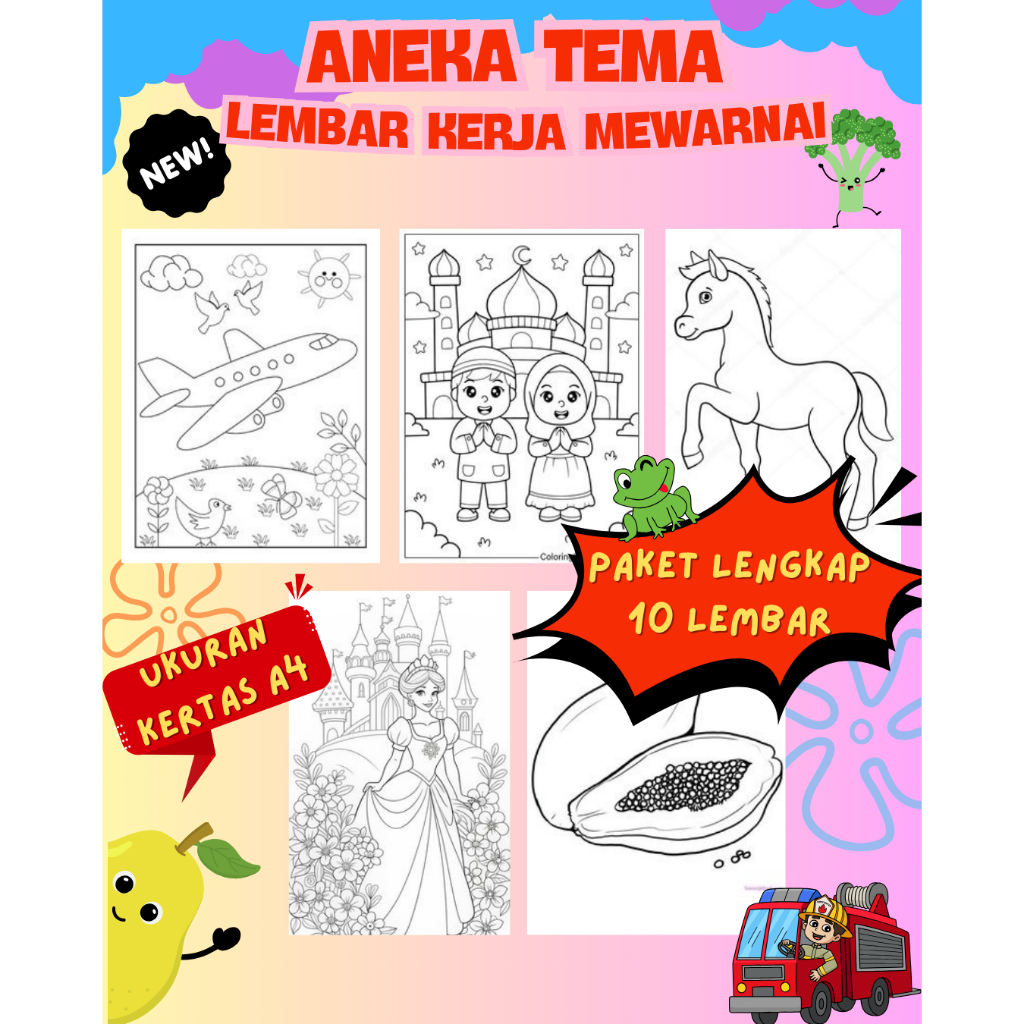 Jual KERTAS MEWARNAI, WORKSHEET MEWARNAI ANAK, TEMA HEWAN,KENDARAAN ...