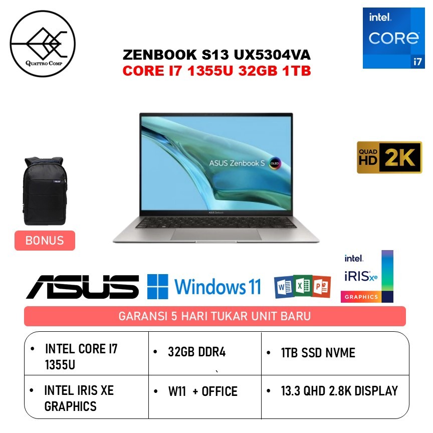 Jual Asus Zenbook S13 OLED UX5304VA I7 1355U 32GB 1TB W11PRO 13.3QHD 2 ...