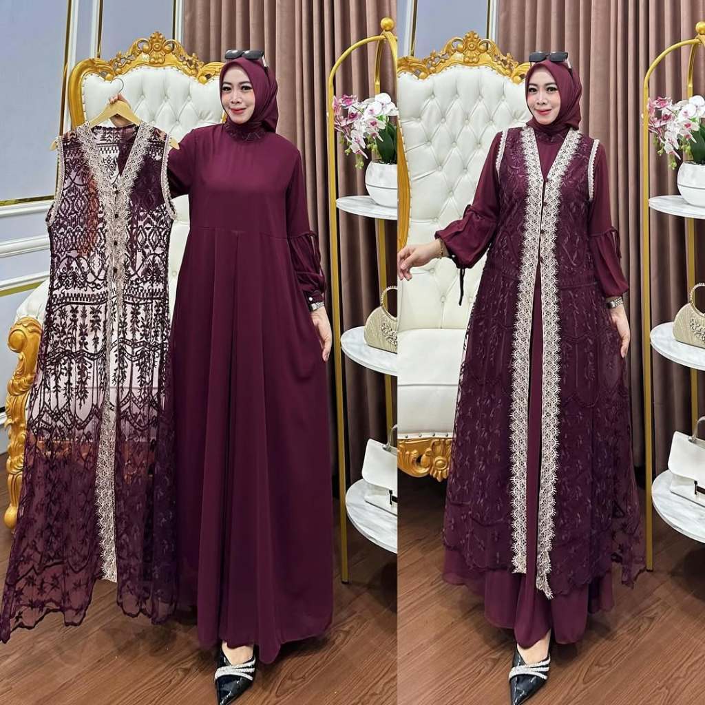 Jual Naura Dress Gamis Bahan Ceruty Baby Doll Premium Mix Brukat Plus Renda Gamis Lebaran ...