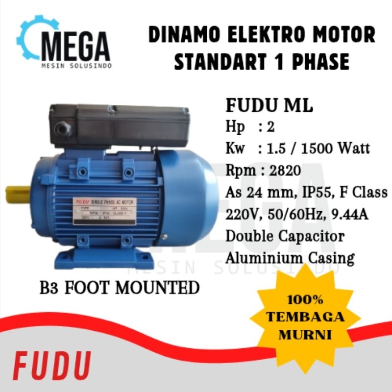 Jual FUDU Dinamo 1 Phase 2 HP 1.5 KW 2800rpm 2 Pole Dual Capacitor B3 Foot Full Tembaga ...