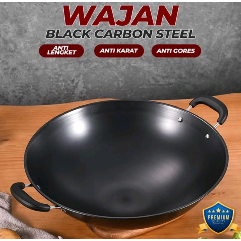 Jual Wajan hitam carbon steel 32 34 36 38 40 42 / wajan anti lengket ...
