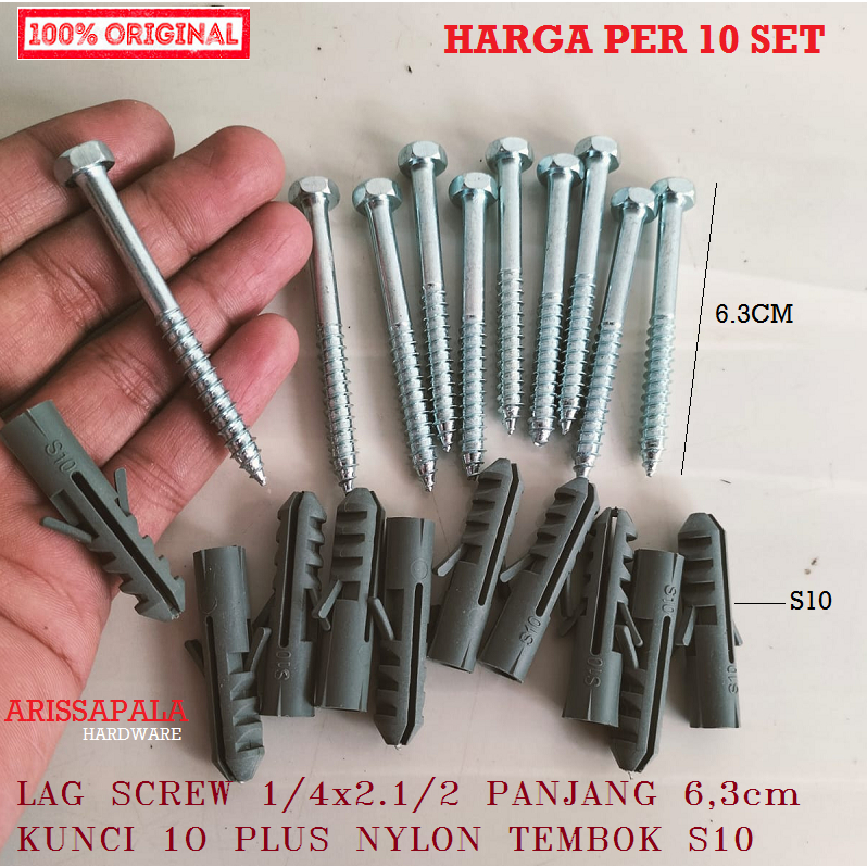 Jual Paket 10 Set Skrup Tembok panjang 6.3cm dan Piser Nylon S10 Lag Screw Kunci 10 plus S 10 ...
