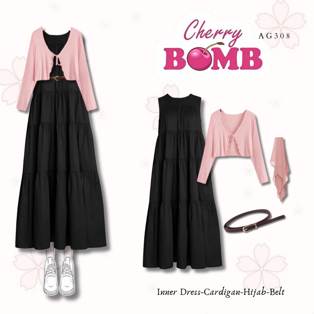Jual 4in1 Set Dress Korean Style One Set Wanita Kekinian | Inner Dress + Cardigan + Belt + Hijab ...