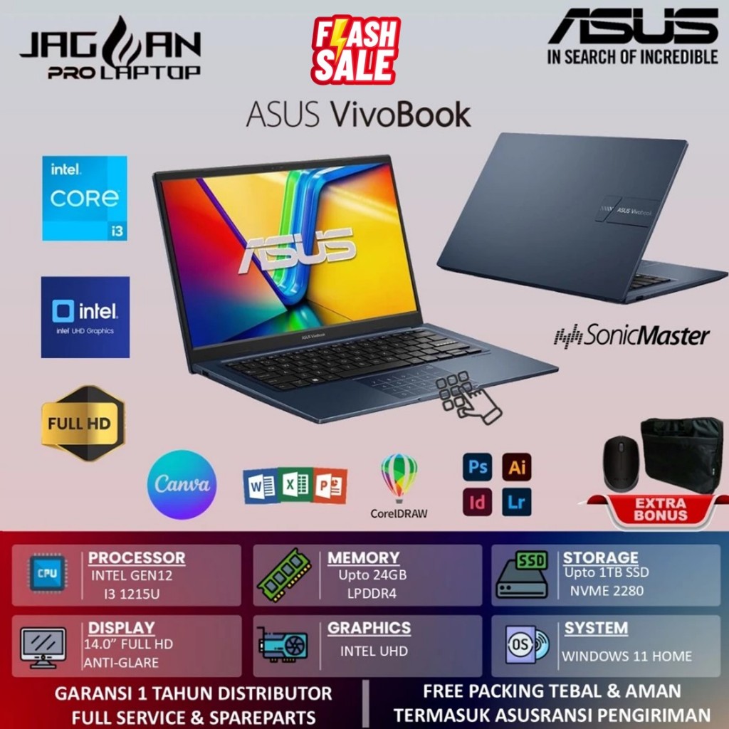 Jual Flash Sale Laptop Asus Vivobook 14 X1404ZA Intel Core i3 1215U RAM 24GB 1TB SSD Full HD Win ...