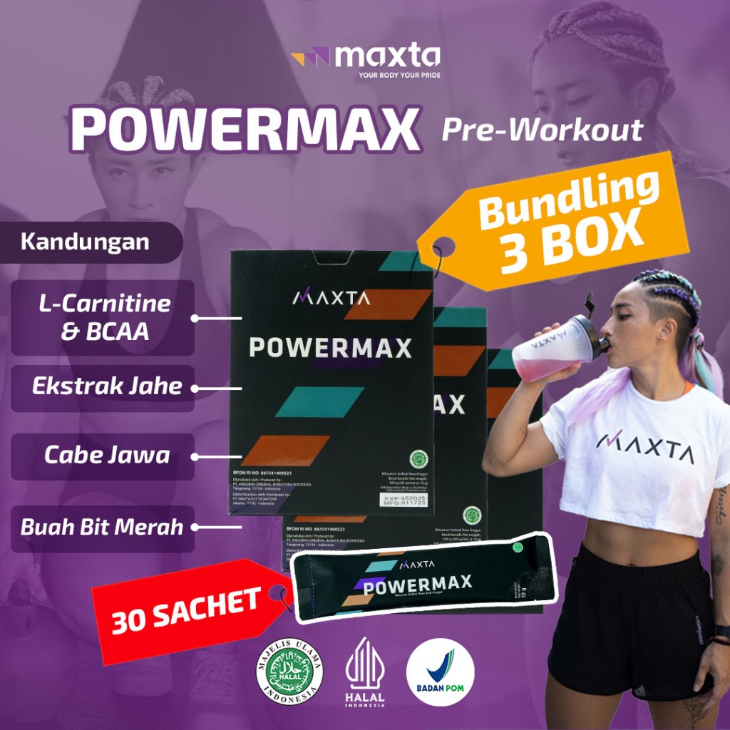Jual Bundling 3 Box PWO MAXTA POWERMAX Pre Workout Suplemen Gym 30 sachet x 10gr BPOM & HALAL ...