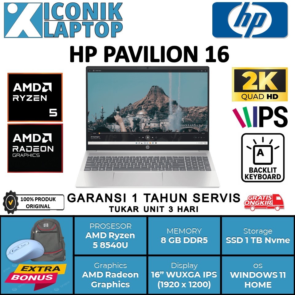 Jual Laptop Gaming HP Pavilion 16 AMD Ryzen 5 8540U Ram 8 GB DDR5 Ssd 1 ...