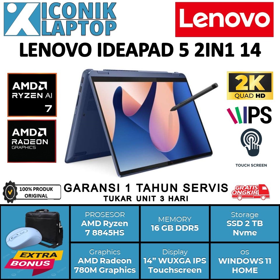 Jual Laptop Touchscreen Lenovo Ideapad 5 AMD Ryzen 7 8845HS Ram 16 GB DDR5 Ssd 1 TB Layar 14 ...