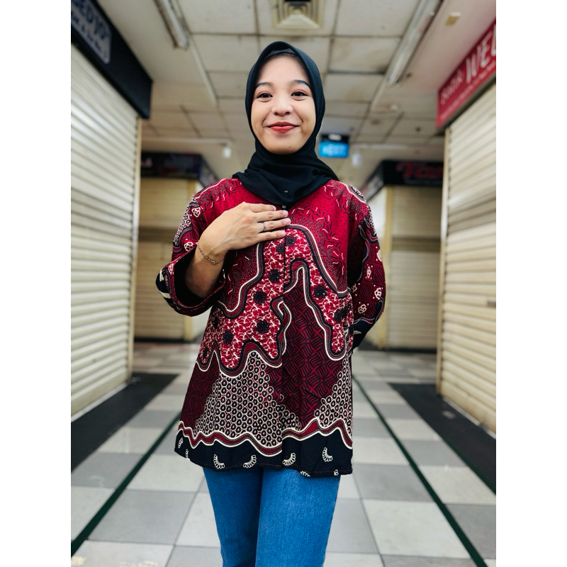 Jual blus batik wanita qistina lapis trikot merah marun | Shopee Indonesia