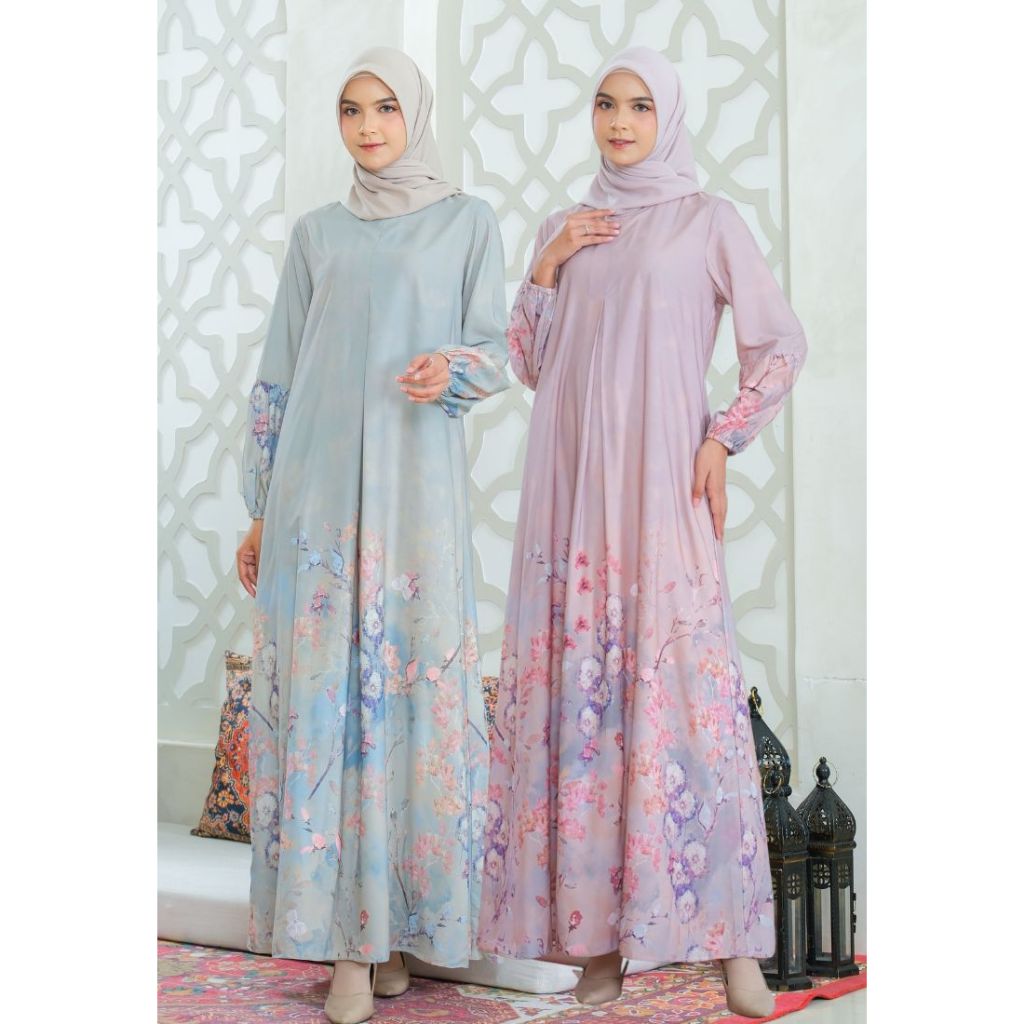 Jual Gamis Lengan Balon Motif Bunga Kekinian Warna Pink Nude Dan Hijau ...