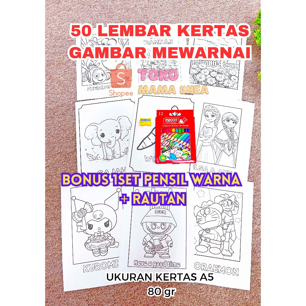 Jual 50 Lembar Kertas Mewarnai Gambar Bonus 1SET Pensil Warna + Rautan ...