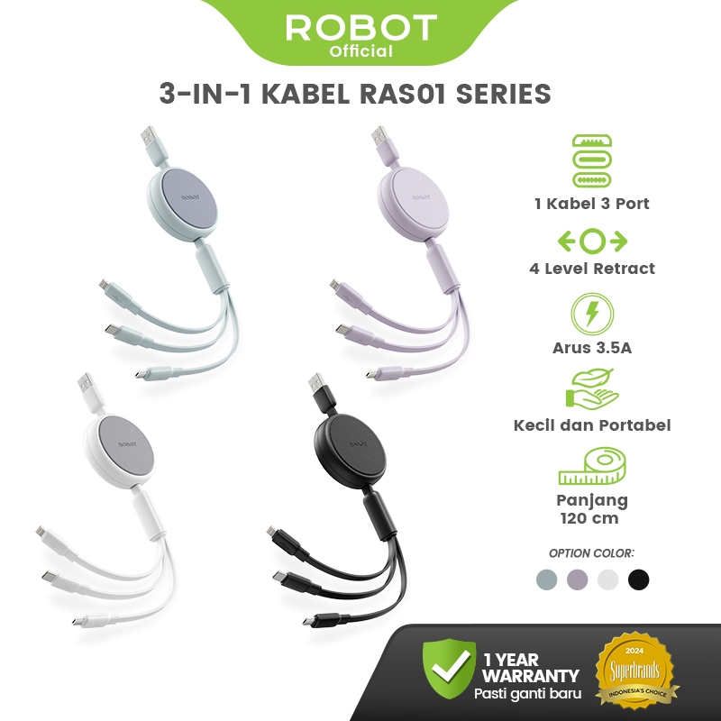 Jual ROBOT Kabel Data 3-in-1 Retractable Fast Charging 3.5A Kabel ...