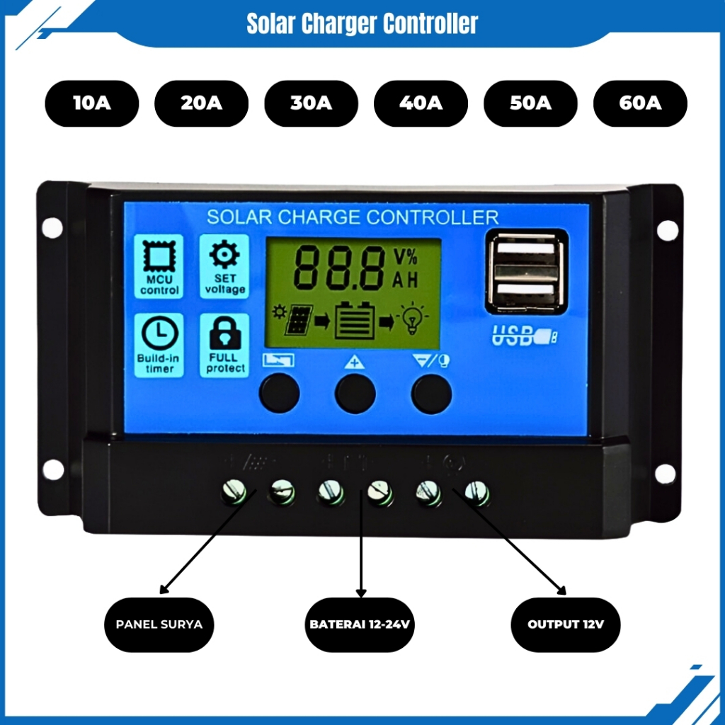 Jual Solar Charger Controller 10A 20A dan 30A 40A 50A 60ALCD LED Display Solar Cell PWM 12V-24V ...