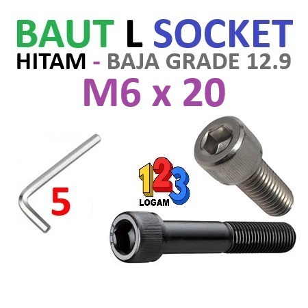 Jual Baut L M6x20 Baja Hitam Head Hex Socket Kunci L 5 | Shopee Indonesia