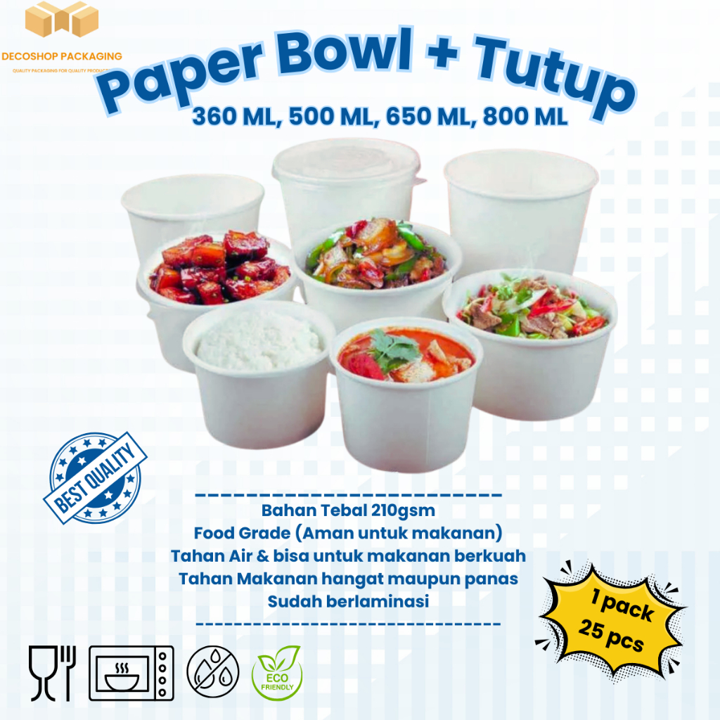 Jual Paper rice Bowl putih Kertas polos dengan tutup + Lid 800ml ...