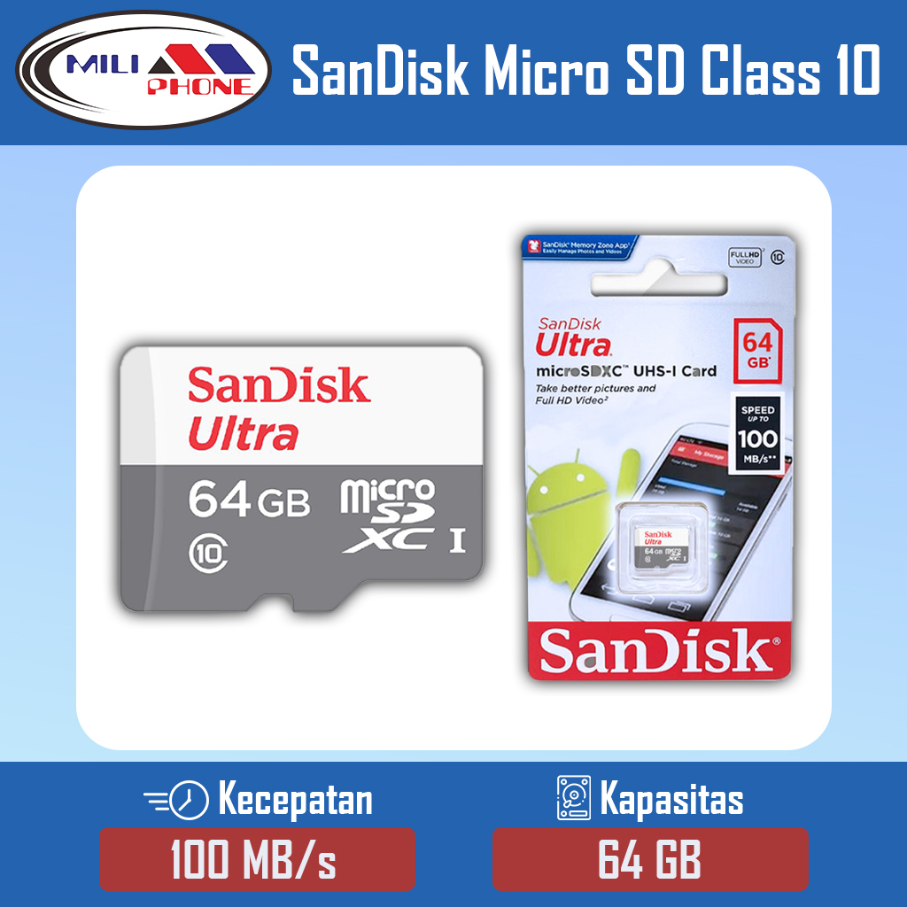 Jual MICRO SD SANDISK 64 GB CLASS 10 TURBO 100 MB/S | Shopee Indonesia