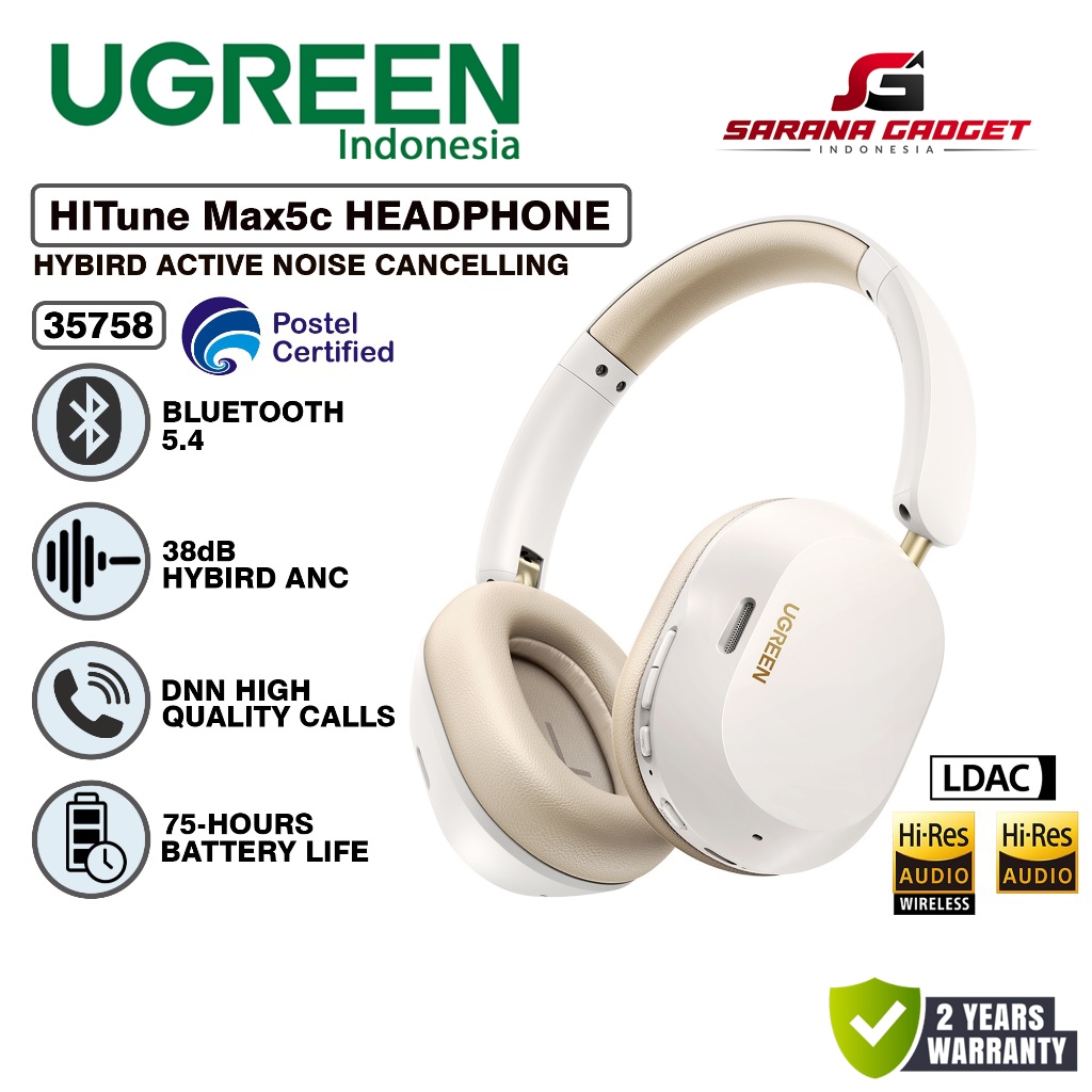 Jual UGREEN 35758 Headphone Exclusive HiTune Max 5C ANC Bluetooth 5.4 WHITE Hybrid Wireless ...