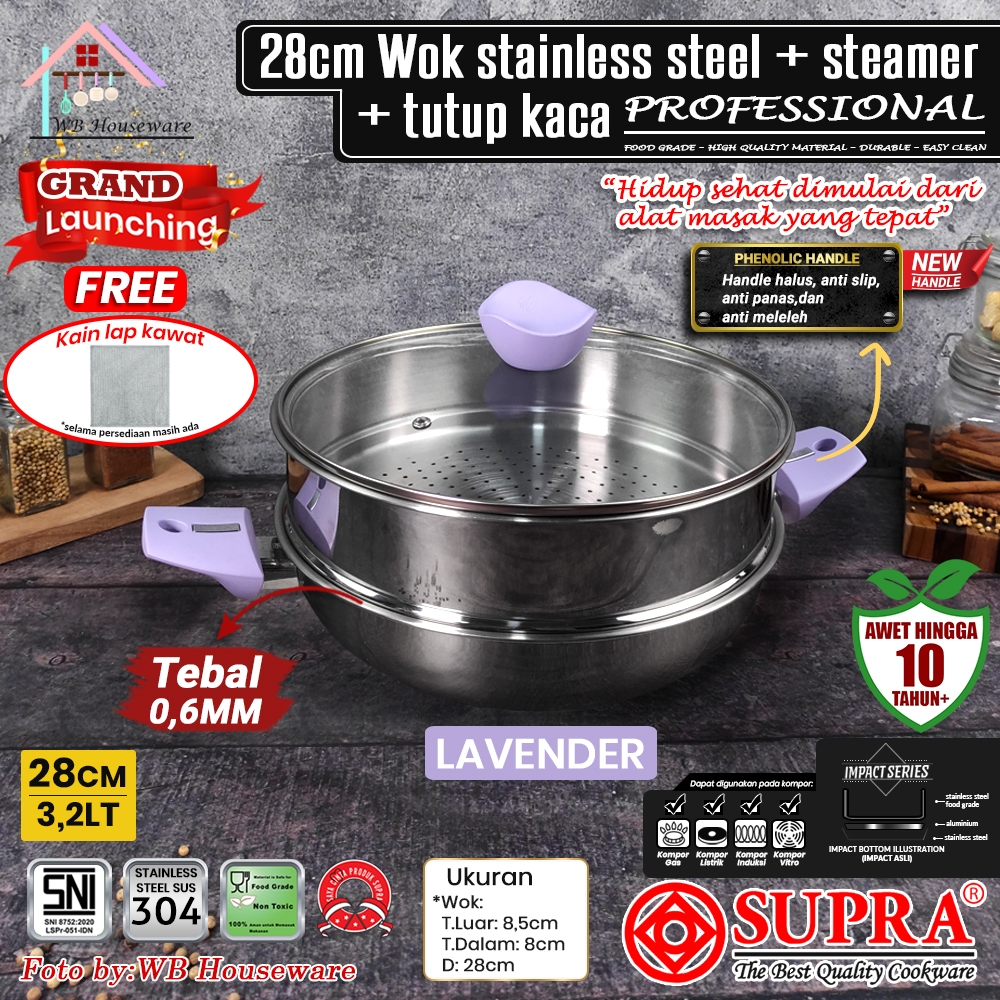 Jual SUPRA New wok 28cm + steamer + tutup kaca professional stainless steel SUS304 pastel ...
