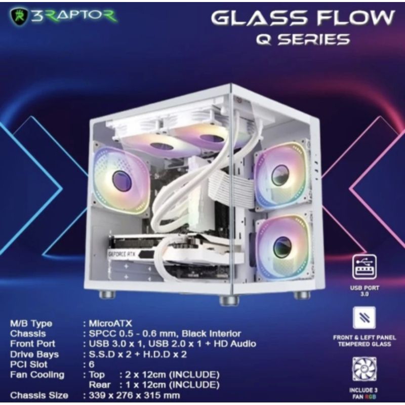 Jual Casing PC 3PowerUp Raptor Glass Flow Q White (Free 3 Fan Casing ...