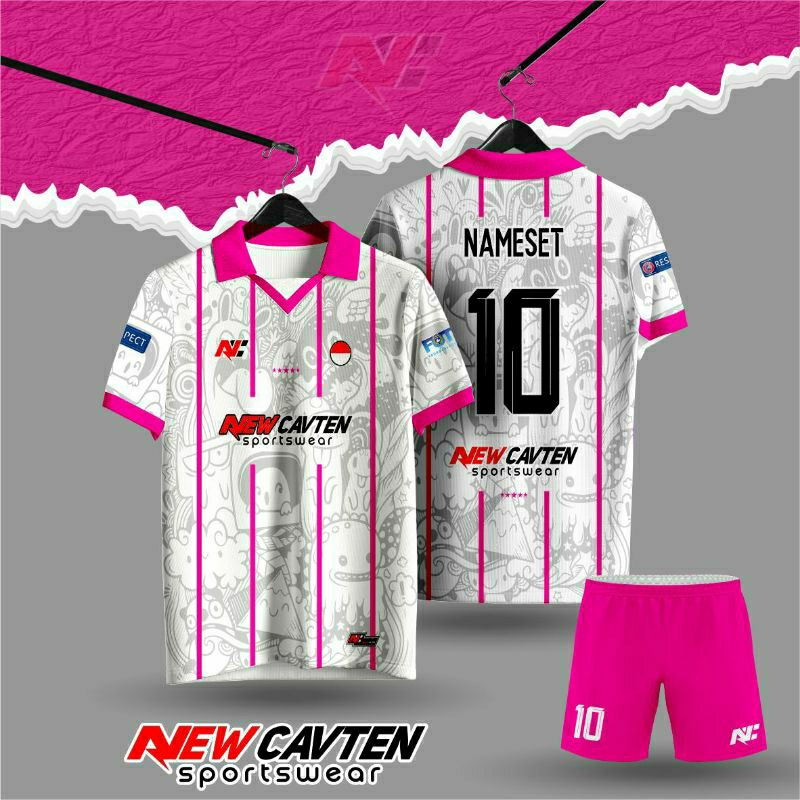 Jual Jersey Bola Futsal Retro Pink Putih Doodle Full print | Shopee ...