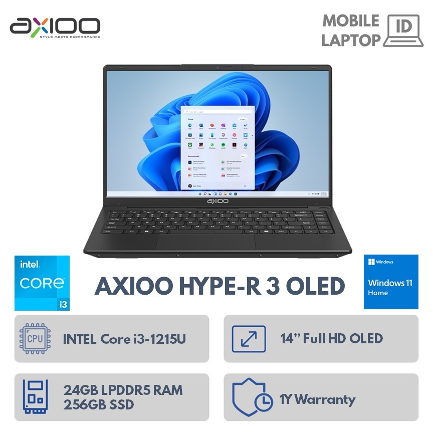 Jual Axioo Hype-R 3 OLED Core i3 1215 Ram 24GB 256GB SSD Windows 11 14" FHD Black (UNDER 1KG ...