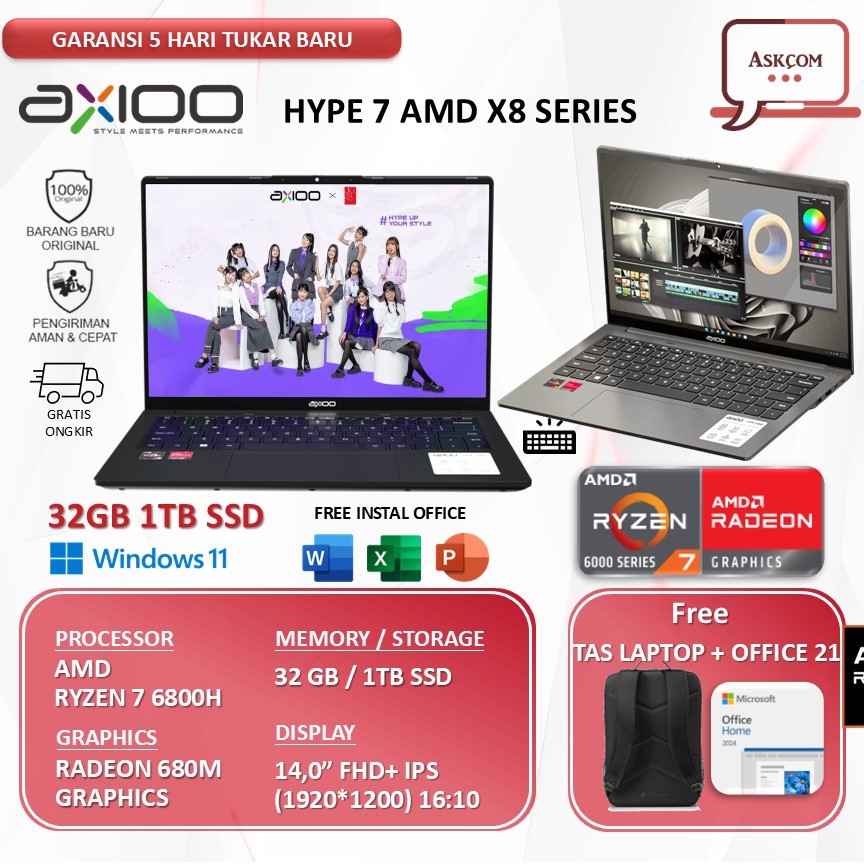 Jual Laptop Axioo Hype 7 AMD X7 / X8 RYZEN 7 5700 | 5825 X8 RYZEN 7 6800H 32GB 1TB SSD W11PRO 14 ...