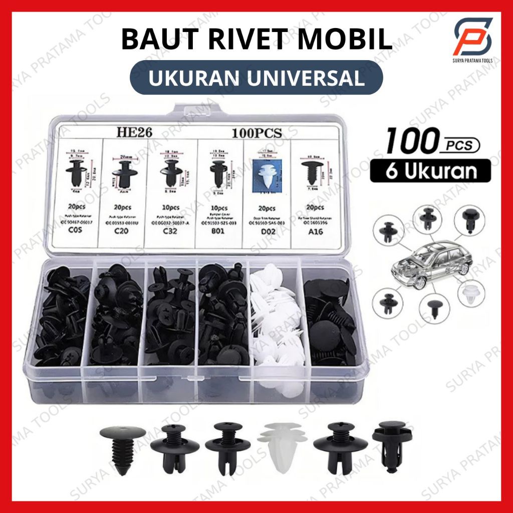 Jual 100 Pcs Baut Rivet Mobil Universal Klip Bumper Baut Body Plastik ...