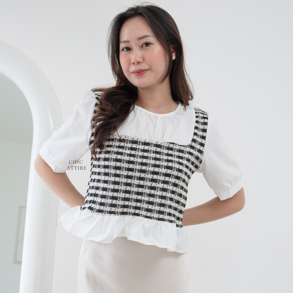Jual CHIC ATTIRE | Gami Tweed Blouse – Atasan wanita flare puffy ...