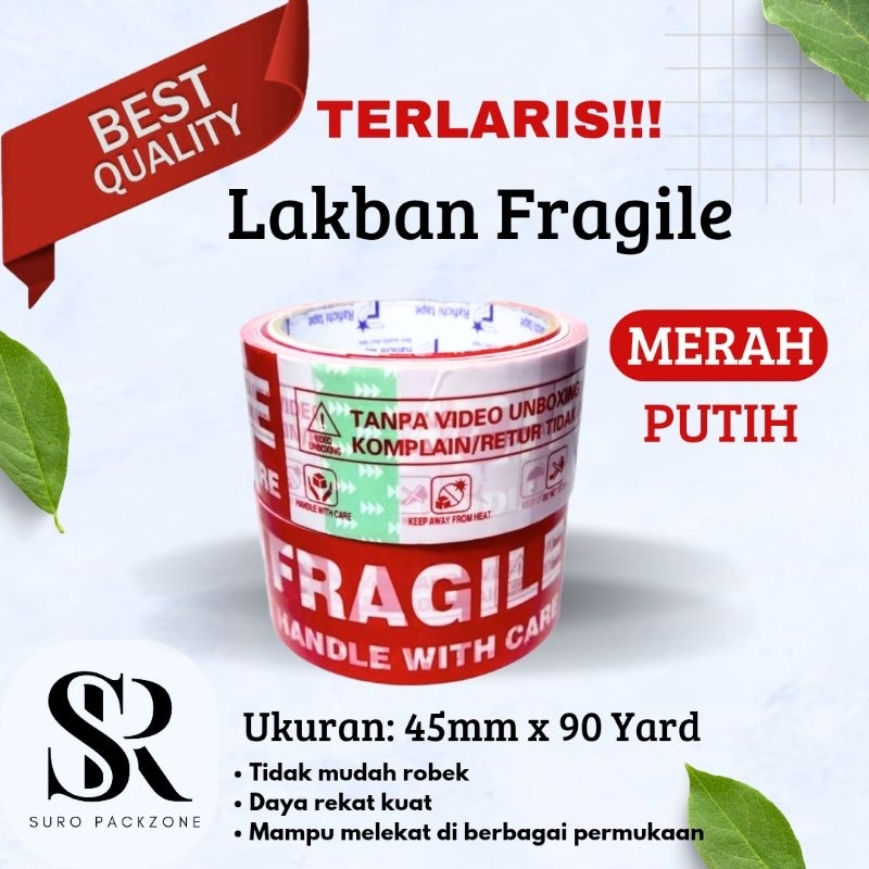 Jual Lakban Fragile merah putih 45mm x 90 yard / isolasi / selotip ...