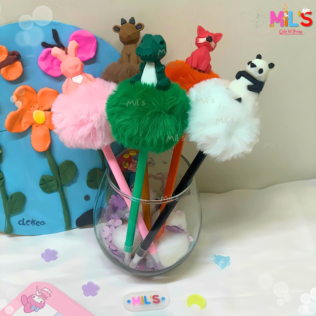 Jual [CUTE MIL'S]CUTE FLUFFY PEN PULPEN POM POM ANIMAL KIDS PEN BULU ...