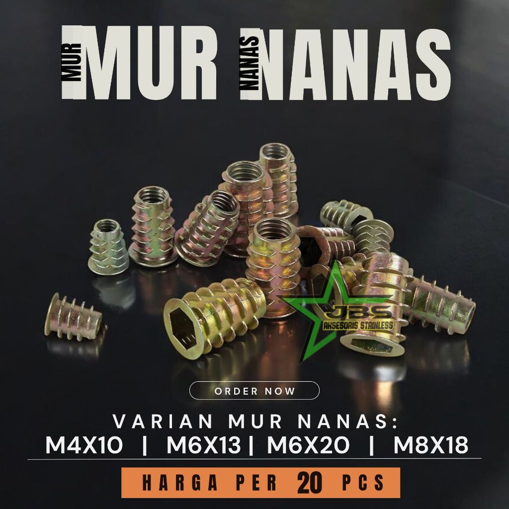 Jual 20 PCS - Mur Nanas Besi M4x10/M6x13/M6x20/M8x18 - Mur Tanam - Mur ...