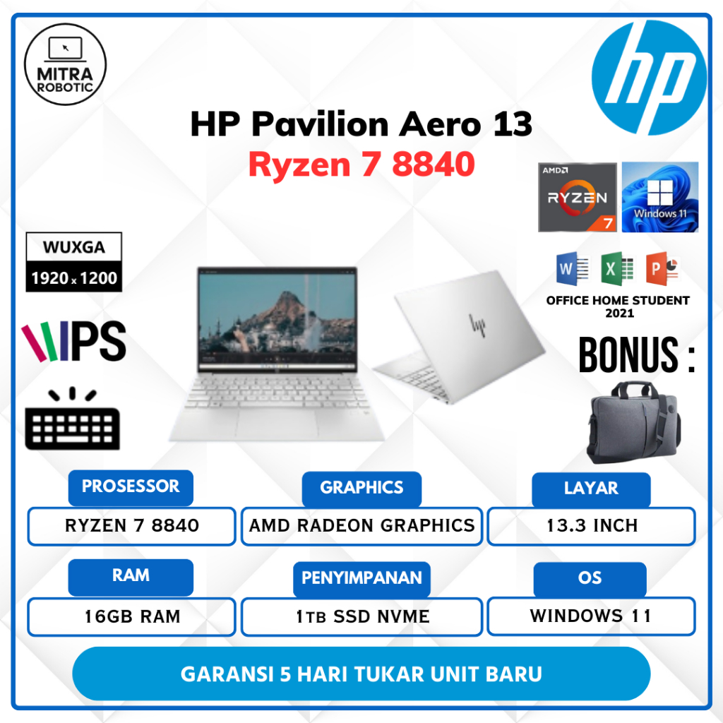 Jual HP Pavilion Aero 13 Ryzen 7 8840 16GB 1TB W11+OHS 13.3WUXGA IPS ...