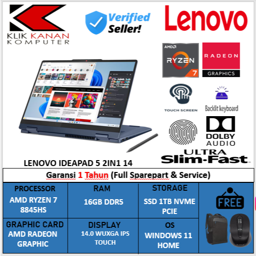 Jual Laptop 2in1 Touchscreen Lenovo Ideapad 5 Amd Ryzen 7 8845HS Ram16gb ddr5 ssd 1tb 14Wuxga ...
