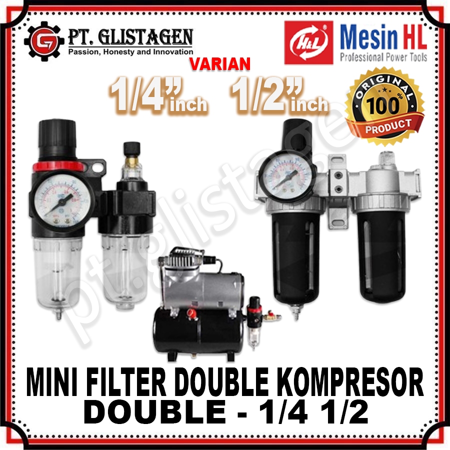 Jual HL Mini Filter Air Double Regulator Kompresor Angin 1/4" inch 1/2 ...
