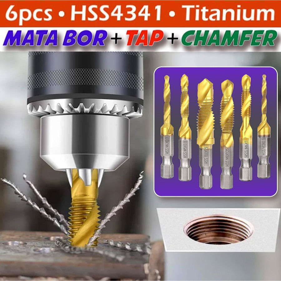 Jual SET 6 PCS Mata Bor Tap Pembuat Ulir Drat Baut Drill Chamfer Hex ...