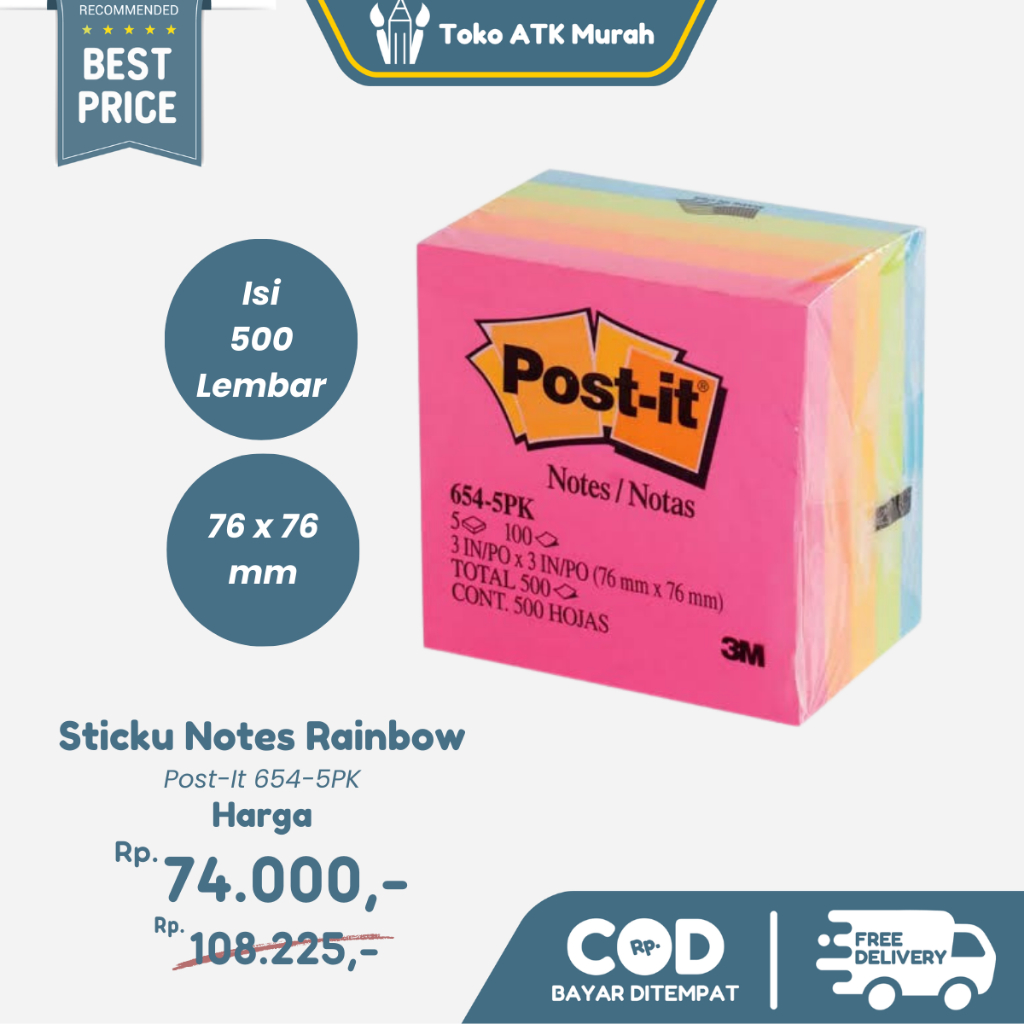 Jual Sticky Notes Post-it No. 654-5PK Uk. 76 x 76 mm | Shopee Indonesia