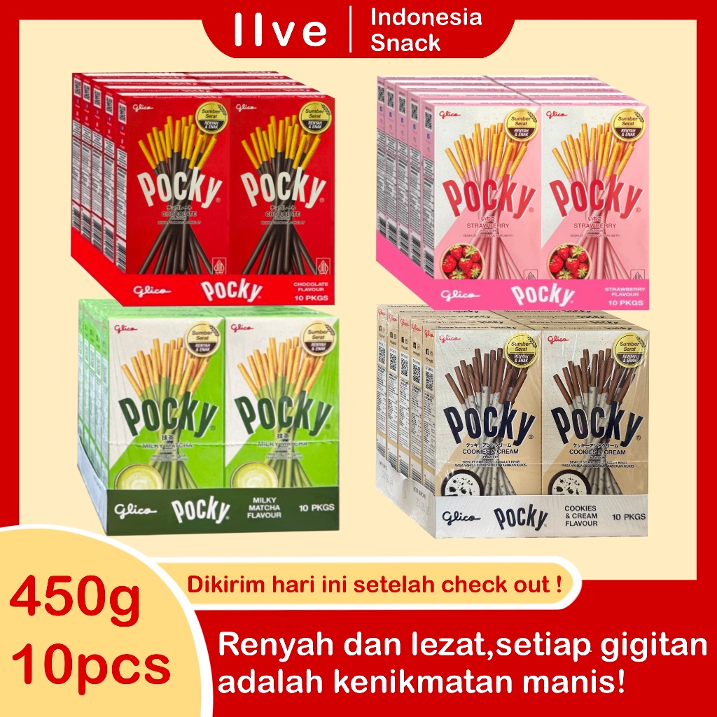 Jual Biskuit Glico Pocky 10pack 45g/30g Rasa Coklat / Stroberi / Cookies&Cream / Matcha- Food ...