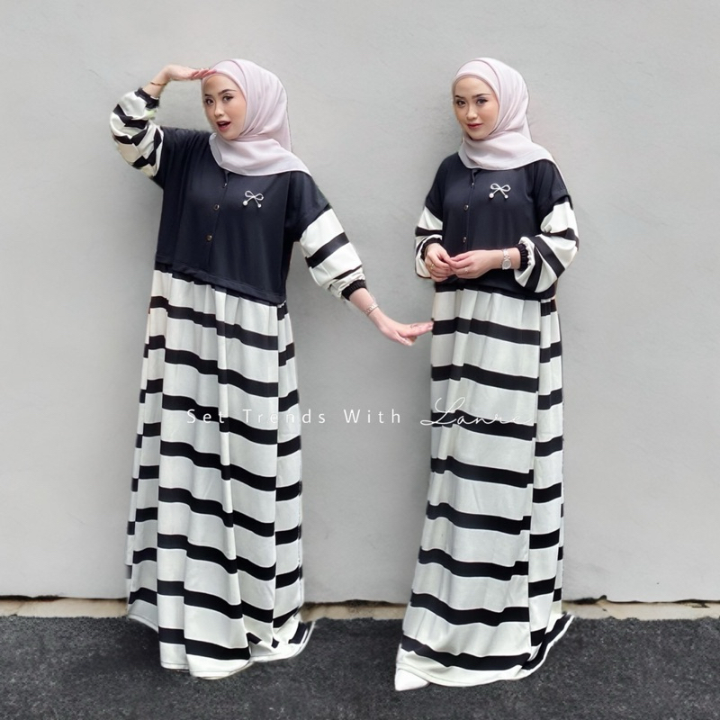 Jual Tata Dress Motif Strip Kombinasi By Lanre Gamis Berkancing Emas ...